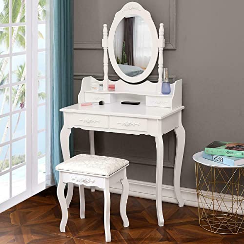Dressing Table, 4 Drawers with Mirror Makeup Dressing Table Set White Bedroom Dressing Furniture, Small Vanity Table for Bedroom, White Vanity Desk,Small Vanity CYJCFCDUS