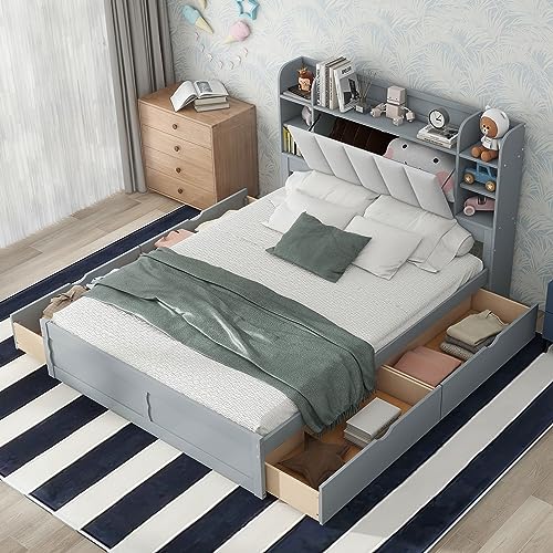 DNYN Queen Size Platform Bed with Storage Shelves & 4 Drawers & Upholstery Headboard Design,Multifunctional Wooden Bedframe w/Wood Slat Support,Super Save Space,Perfect for Bedroom,Guest Room, Gray