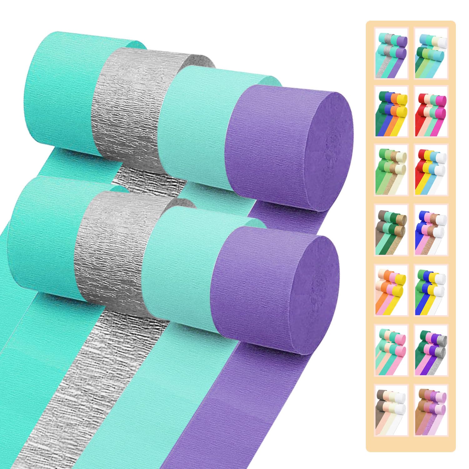 Crepe Paper Streamers 656ft 8 Rolls, Pack of Blue, Purple and Silver Party Streamers for Birthday Wedding Baby Bridal Shower Decorations Christmas Craft Supplies (1.8 Inch x 82 Ft/Roll)