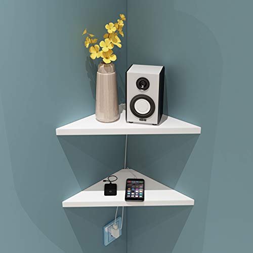 evron Corner Mounting Shelf,Easy to Install Wall Corner Shelf,Set of 2 (White Wood Striped with Hole Pattern)