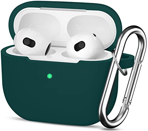 JTOMEI AirPods 3 Case Cover with Keychain, Full Protective Silicone Case Accessories for AirPods 3rd Generation, Front LED Visible, Dark Green