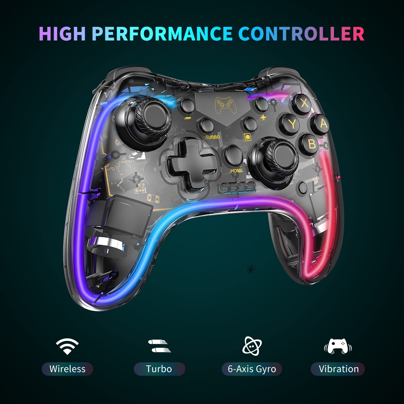 Babomi Switch Controllers, Switch Pro Controller Compatible with Nintendo Switch/Oled/Lite, Pro Controller Switch with LED Lights, 6 Gyro Axis, Turbo and Dual Vibration (Transparent)