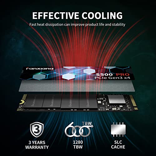 fanxiang S500 Pro 256GB NVMe SSD M.2 PCIe Gen3x4 2280 Internal Solid State Drive, Graphene Cooling Sticker, SLC Cache 3D NAND TLC, Up to 2800MB/s, Compatible with Laptop and PC Desktops(Black)