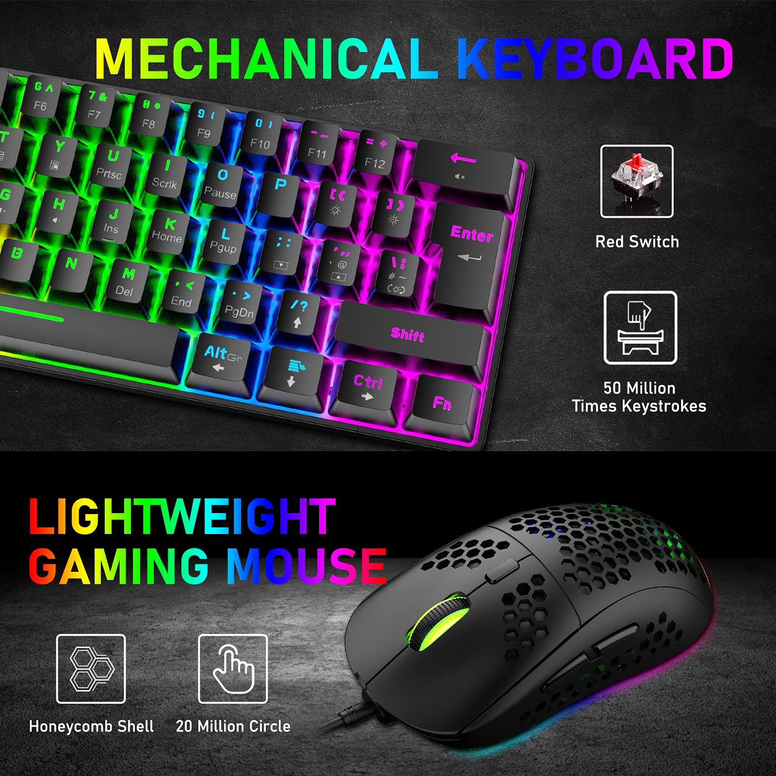 Mechanical Gaming Keyboard and Mouse Mini Wired Combo with RGB Headset Rainbow Backlight Ergonomic 62Key Anti-Ghosting Adjustable Mic 6400DPI Mice USB-C for PC Gamer Computer Typist(Black/Red Switch)