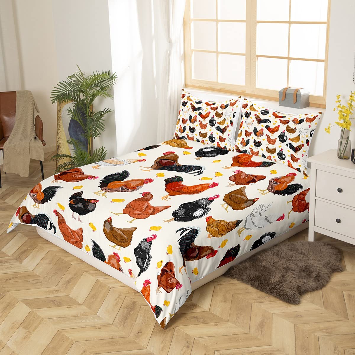 Feelyou Chicken Comforter Cover Cute Chicken Pattern Bedding Set for Boys Girls Children 3D Animals Theme Duvet Cover Room Decor Twin Size Quilt Cover 2Pcs