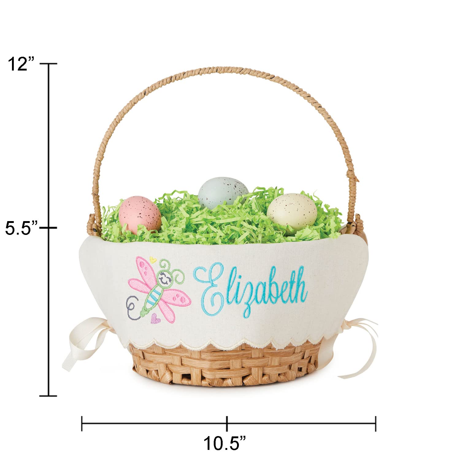Dragonfly Personalized Easter Egg Basket with Handle and Custom Name | Scallop Edge Linen Easter Basket Liners | Tan Basket | Woven Easter Baskets for Kids | Customized Easter Basket