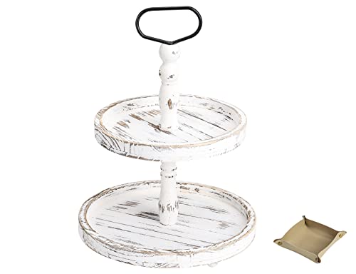 Farmhouse Wooden Decorative Two Tiered Trays+ Pu Leather Tray,Wood 2 Tier Serving Tray Stand for Rustic Table Centerpiece,Kitchen Decor,Coffee Bar, or Cupcake Stand (White)