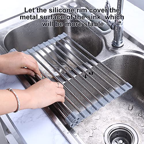 Expandable Roll up Dish Drying Rack for Kitchen from 11β to 20β, Foldable Over-The-Sink Dish Drying Rack Space-Saving, Multipurpose Rolling Rack for Sink with Large Capacity, 13''x(11''~20''), Gray