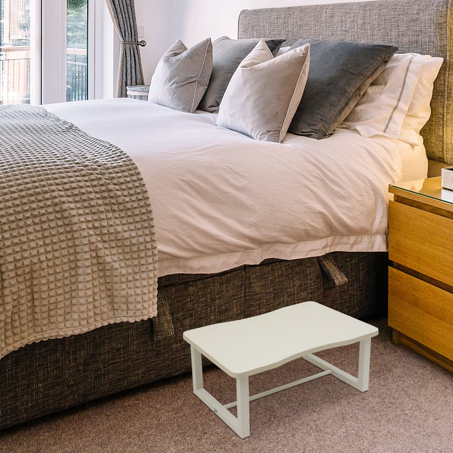 Itsst Wooden Step Stool with 500 Pounds, Wide Bed Step Stool for Adults,Wood White Step Stool&Stable Solid Metal Frame for Kitchen, Bedroom, Living Room, Bathroom