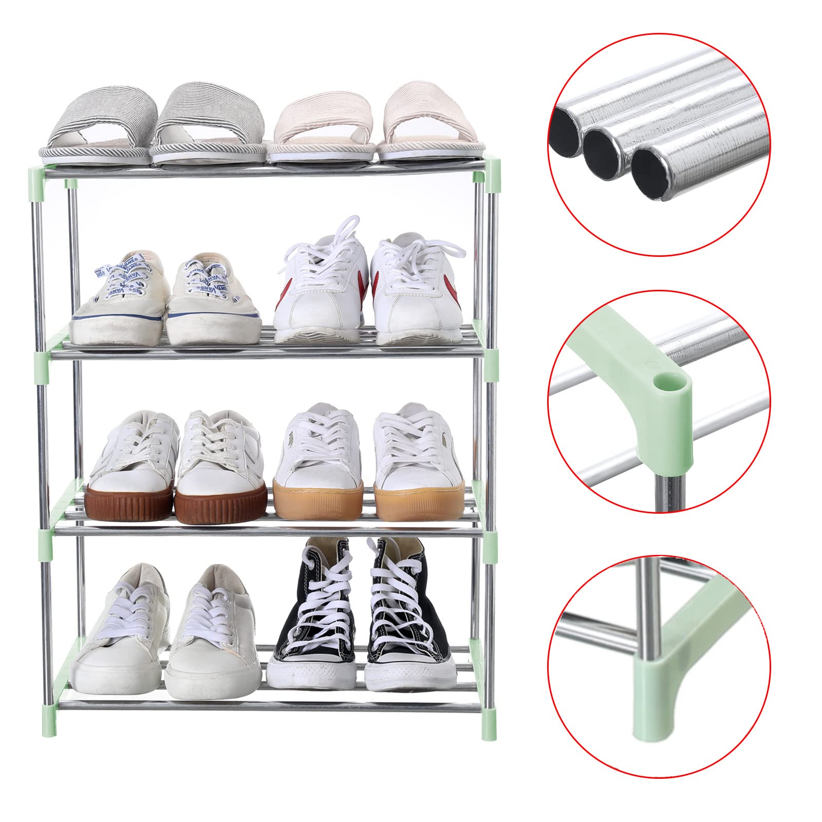 Jucaifu Stackable Small Shoe Rack, Entryway, Hallway and Closet Space Saving Storage and Organization (4-Tier, Green)