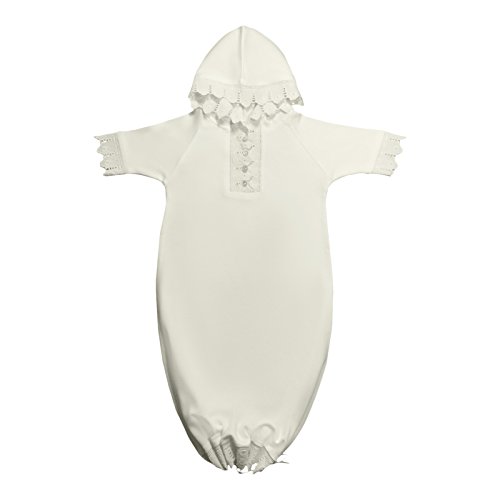 Victorian Organics Baby Gown Organic Cotton and Lace Infant Button Hoodie Bunting (NB 0-3 months, Antique White)