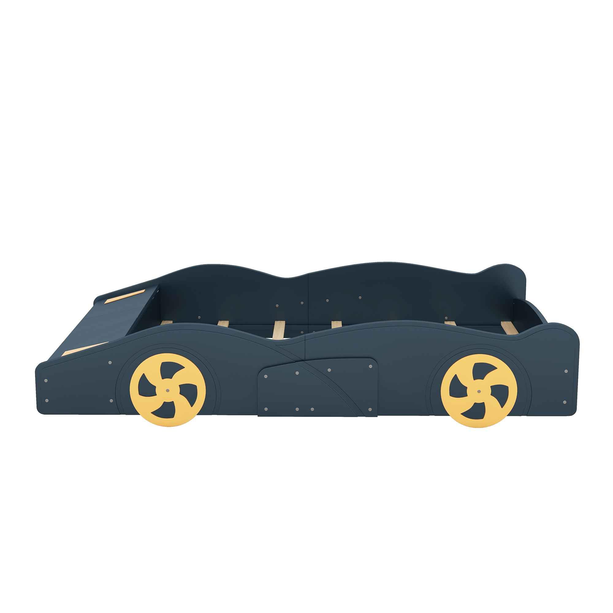 ATY Full Size Platform Bed with Storage, Race Car-Shaped Bedframe w/Wheels Design, Funny for Kids, Toddlers, 90.6" L x 55.3" W x 15.7" H, No Spring Needed, Dark blue