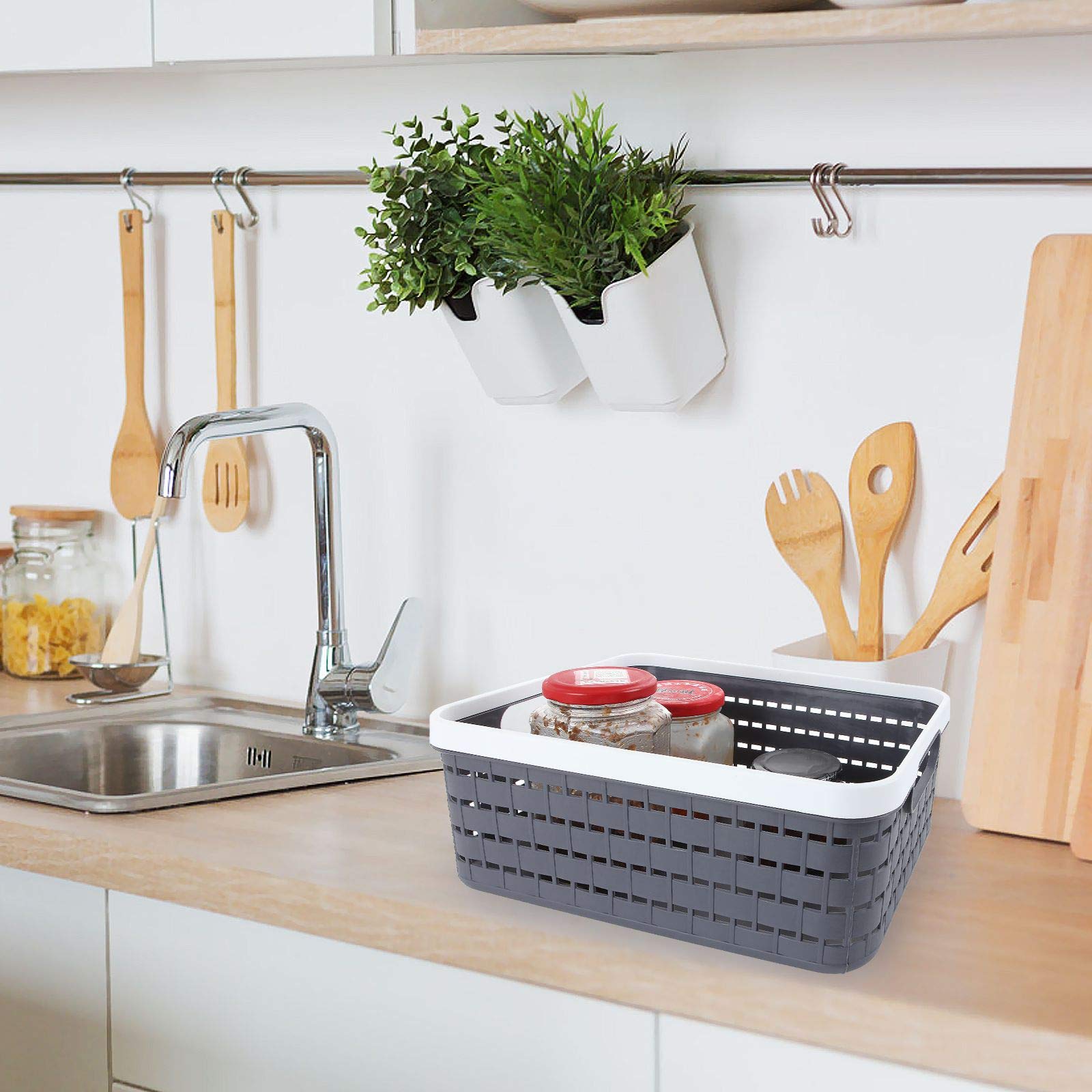 CertBuy 3 Pack Plastic Storage Baskets 11.3 x 8.7 x 4.3 Inch, Small Weave Storage Bins with Handle for Cabinet, Shelf, Kitchen, Bedroom, Bathroom and office – Dark Grey