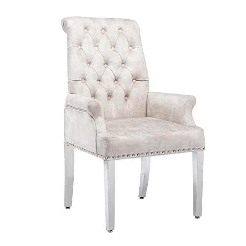 GATOSIG Tufted Velvet Upholstered Dining Chairs with Nailhead Trim, Stainless Steel Leg for Kitchen/Bedroom/Dining Room (Beige)