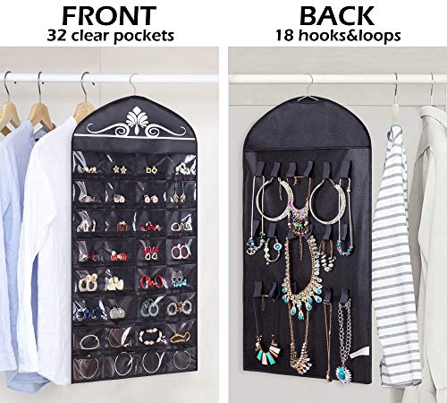 Misslo Jewelry Hanging Non-Woven Organizer Holder 32 Pockets 18 Hook and Loops - Black