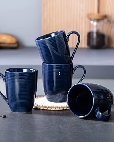 HENXFEN LEAD Coffee Mugs Set of 4-12 Oz Ceramic Coffee Cup with Large Handle for Tea, Milk, Latte and Cocoa, Christmas Mug Gift with Texture Design for Men & Women Microwave Safe, Dark Blue