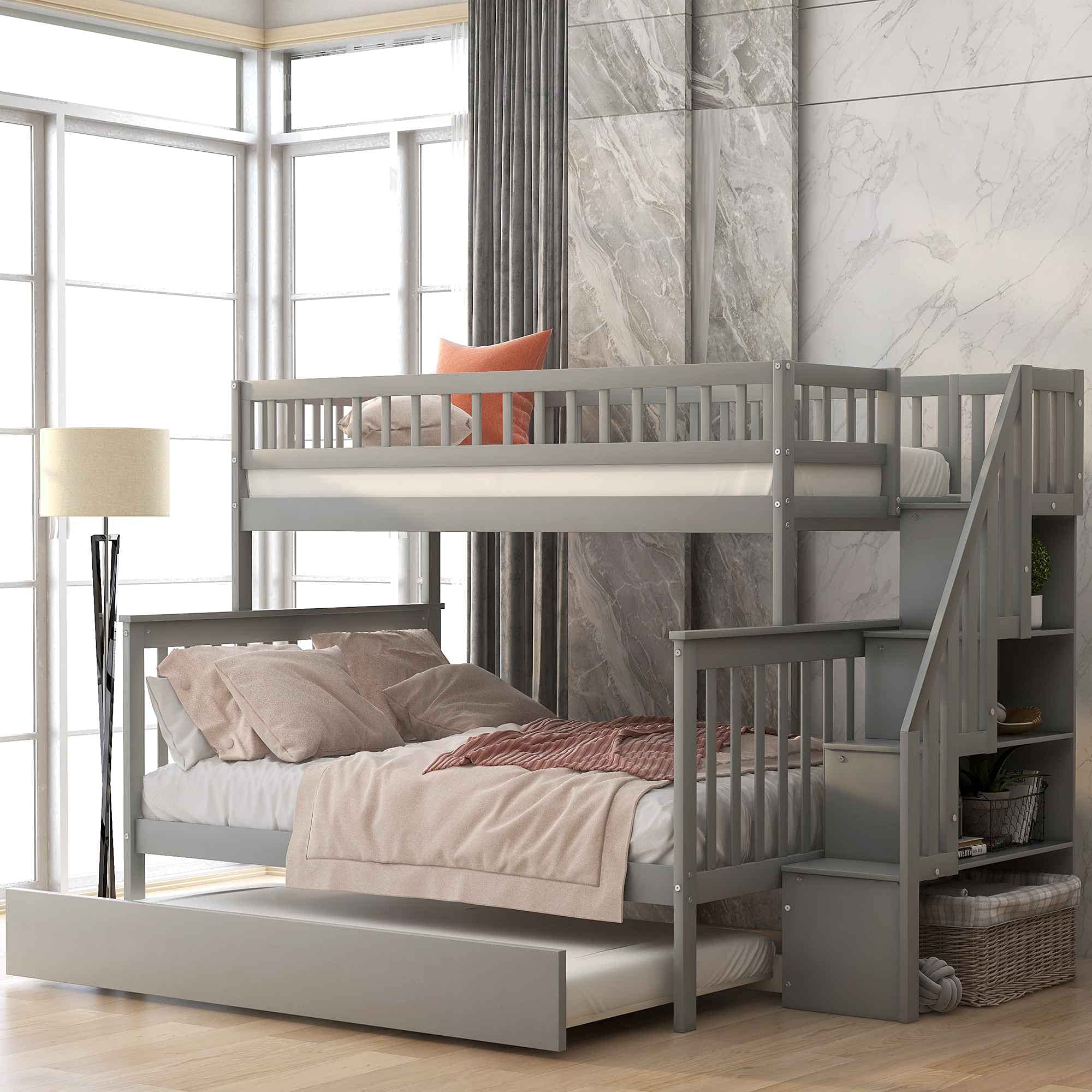 ATY Upgraded Full Bunk Bed with Trundle, Solid Wood Twin Over Size with Storage and Guard Rail, for Kids and Teenagers, Grey