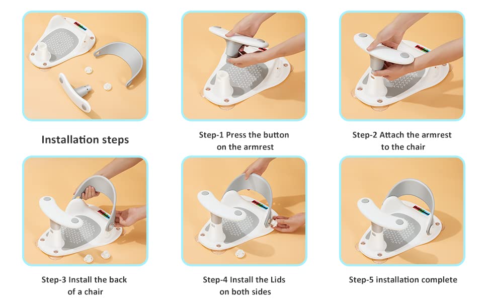 Baby Bath Seat [Original] – 3 Bath Toys + Shower Cap + Bath Brush + Thermometer + Rinse Cup – 4 Anti-Slip Suction Cups – Soft Silicone Cushion – Foldable Design – Ideal Gift for Infants 6-36 Months!