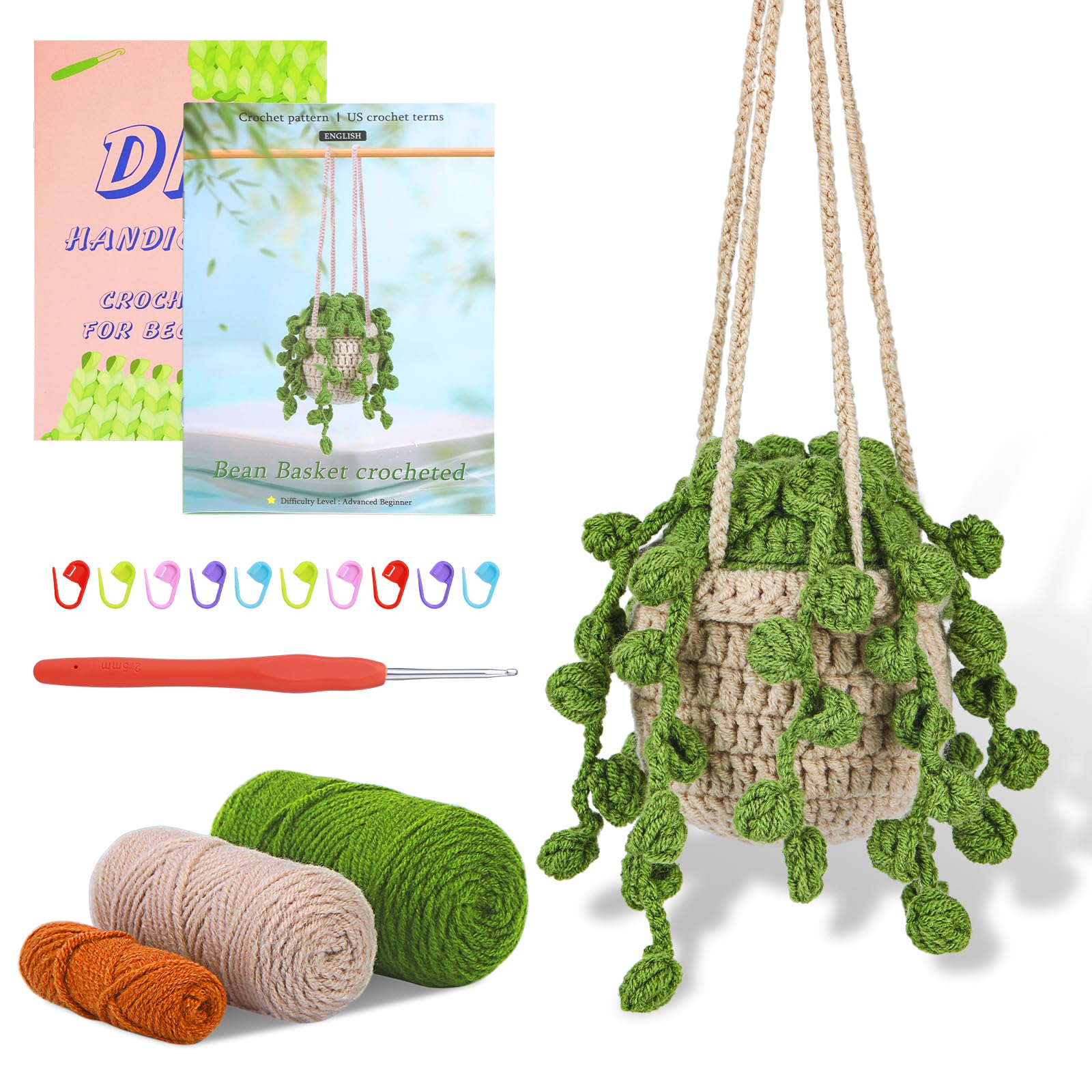 Crochet Kit for Beginners, Hanging Potted Plants Crochet Starter Kit with Step-by-Step Instructions and Video Tutorials Complete Crochet Kit for Beginners Decoration (Yellow-Green Doudou Plants)