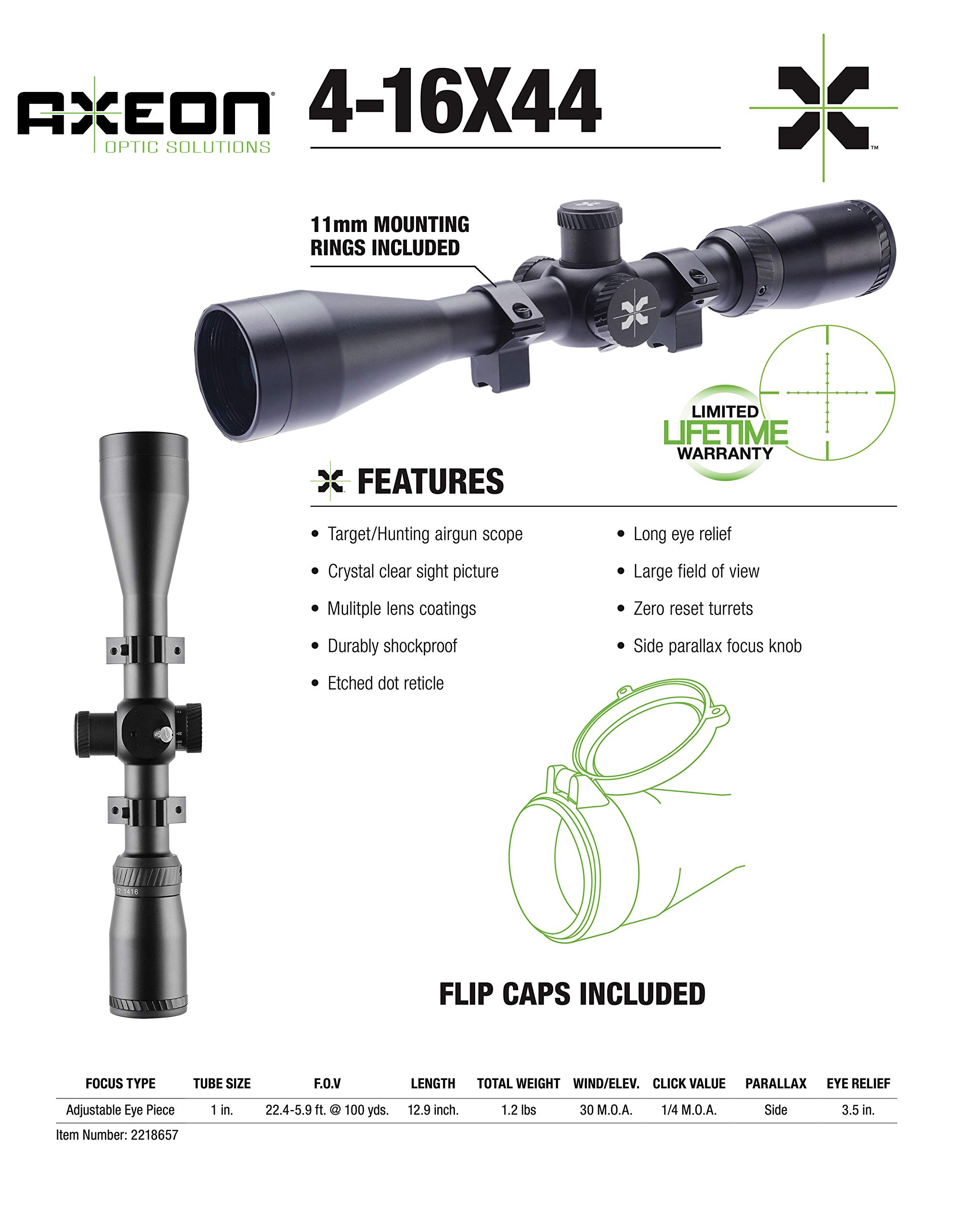 Axeon Optics 4-16x44mm EDR Etched Dot Reticle Adjustable Parallax Rifle Scope for Hunting - Includes 11mm Gun Scope Mounting Rings