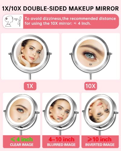 Gospire 1x/10x Magnifying Lighted Makeup Mirror Double Sided Round Standing 360 Degree Swivel Vanity Mirror for Shaving Bathroom Battery Operated 7 Inch Diameter (Silver-Button Switch)