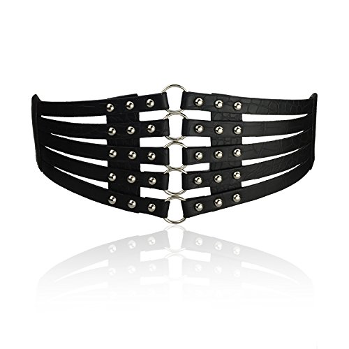 Fashion Women's PU Leather Wide Waist Belt Hollow Out Rivets Stretch Cinch Waistband, Black, Small(27''-29'')