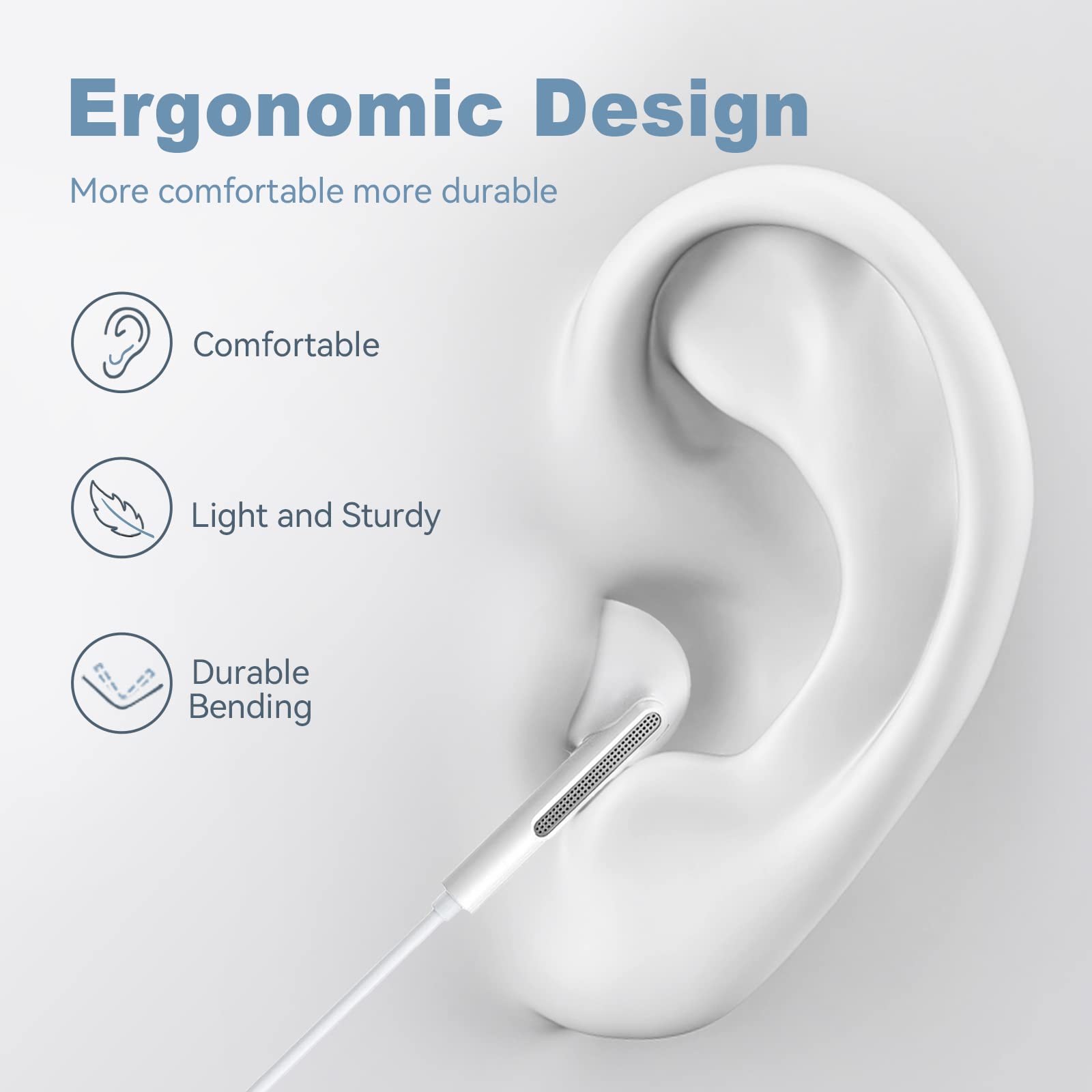 BETMI - Wired Earphones, Ergonomic Comfort-Fit in-Ear Headphones with Microphone and Volume Control, 3.5mm Jack Plug Earbuds for iPhone iPad iPod Samsung MP3/MP4 Player - White