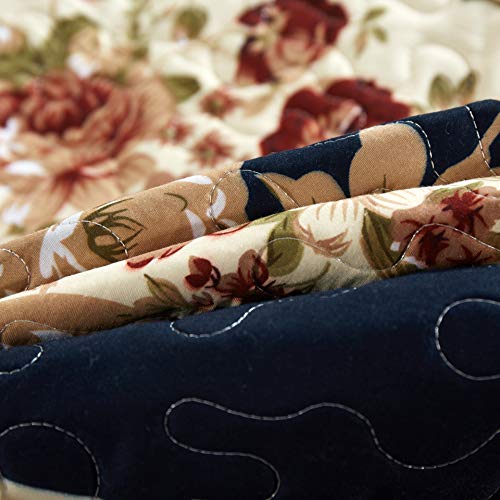 LAMEJOR Quilt Set Queen Size Retro Floral Pattern Medallion Style 3-Piece Reversible Luxury Soft Comforter Set Bedspread Coverlet Set Microfiber Dark Blue