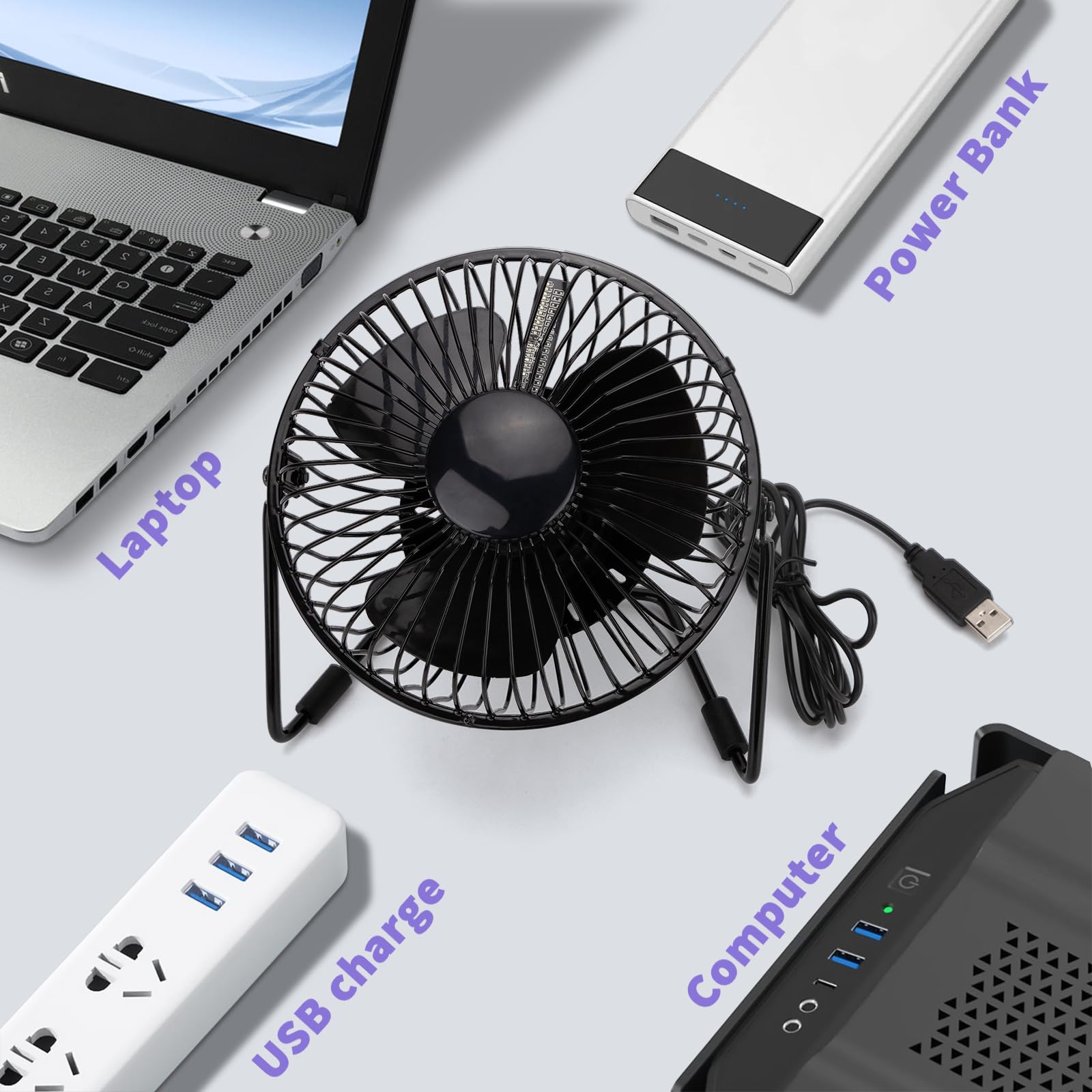 Justup USB LED Fan Portable Desk Fan With Real Time Date and Temperature Display Personal Table Cooling Fan 360°Rotation Durable for Home and Office (Metal Design Low Noise 5 Inch, Black) (SW)