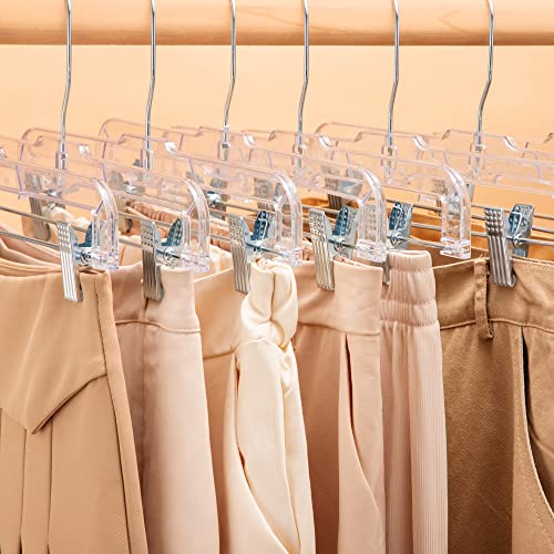 HOUSE DAY 50 Pack 14 inch Clear Plastic Skirt Hangers with Clips, Skirt Hangers, Clip Hangers for Pants,Trouser Bulk Plastic Pants Hangers