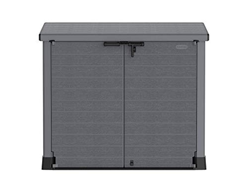 Duramax Cedargrain StoreAway 1200L Plastic Garden Storage Shed/Flat Lid - Outdoor Storage Bike Shed – Durable & Strong Construction– Ideal for Tools, Bikes, BBQs & 2X 240L Bins, 145x85x125 cm, Grey