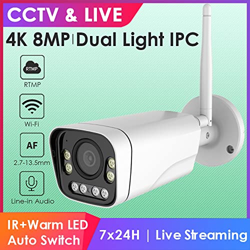 EXVIST 4K(8MP) Varifocal Wireless Bullet Outdoor Security Camera, Dual Light, 2.7mm~13.5mm Motorized Lens, IP66, Human Detection, RTMP to YouTube/Facebook etc.