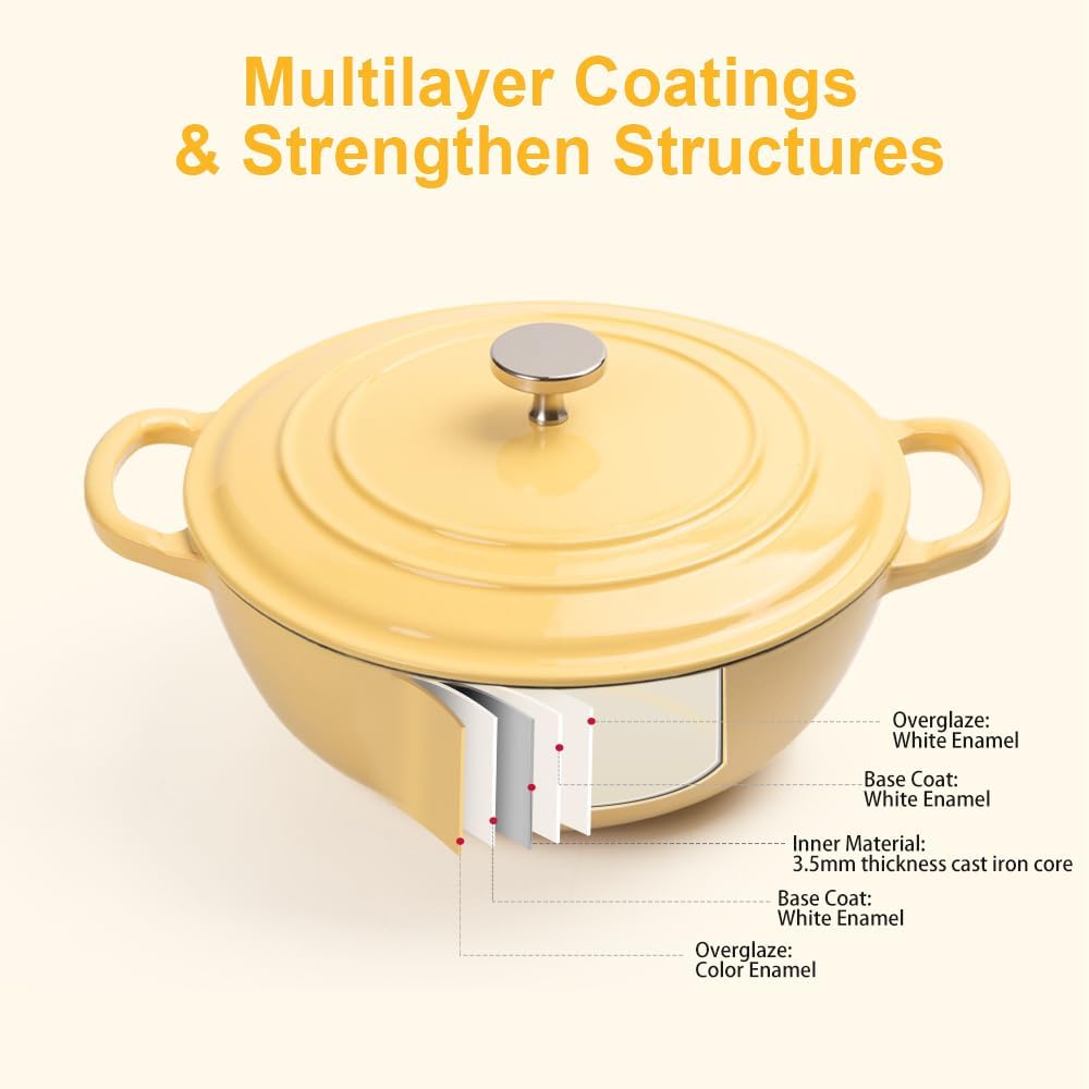M-COOKER 4.5 Quart Dutch Oven Pot with Lid: Versatile Cast Iron Enamel Dutch Oven for Sourdough Bread Baking or Frying, Roasting, and Simmering(Yellow), 13.7Lx10.2Wx6H