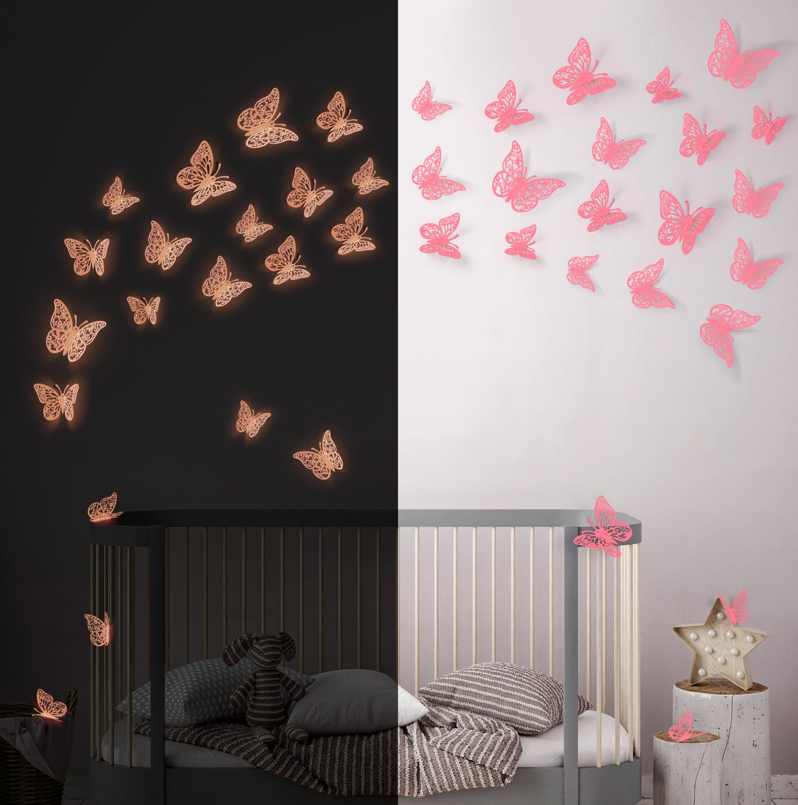 Crosize Butterfly Wall Decals Colorful Glow in The Dark, Fluorescent Pink, 24 Pieces