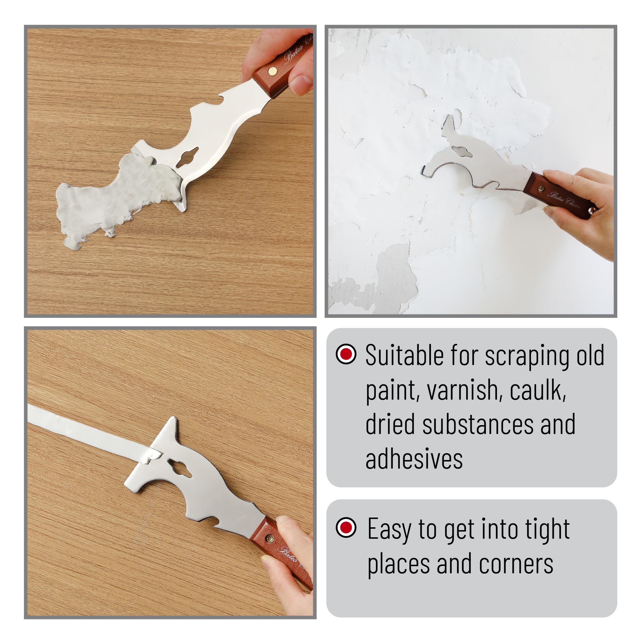Bates- Paint Scraper, 9 in 1 Painters Tool, Mahogany Wooden Handle, Paint Scrapers for Wood, Painters Tool, Painters Knife, Paint Scraper for Painting, Putty Knife, Metal Scraper, Spackle Knife