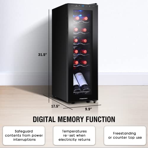 Phiestina Wine Cooler, Freestanding Wine Fridge Holds 12 Bottles, Small Wine Refrigerator for Home Bar with Digital Temperature Control, Glass Front Doors and Interior Lighting