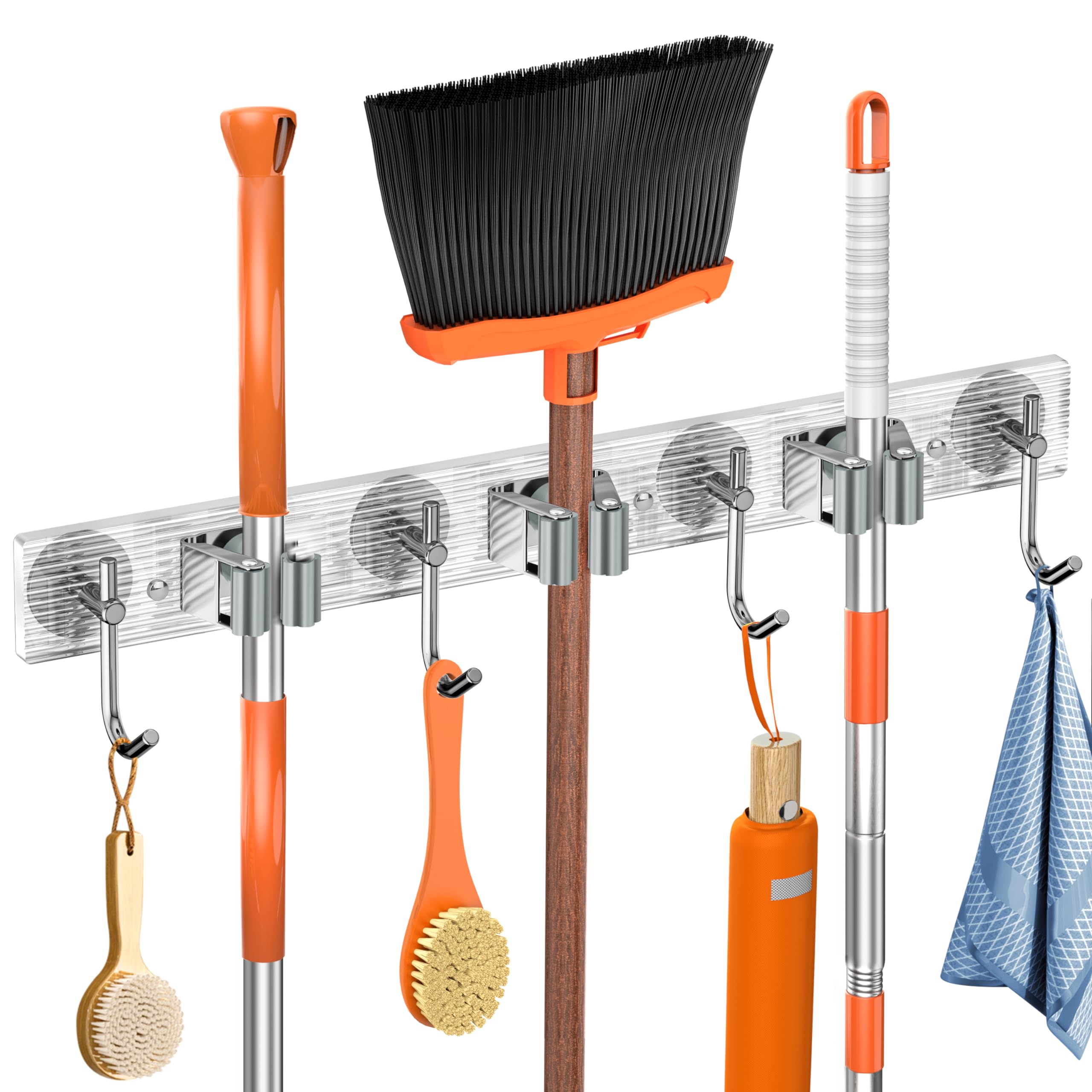 Crosize Transparent Acrylic Broom Holder Mop Hanger Wall Mount, Tools Organizer, 3 Racks and 4 Hooks, Metal Gold