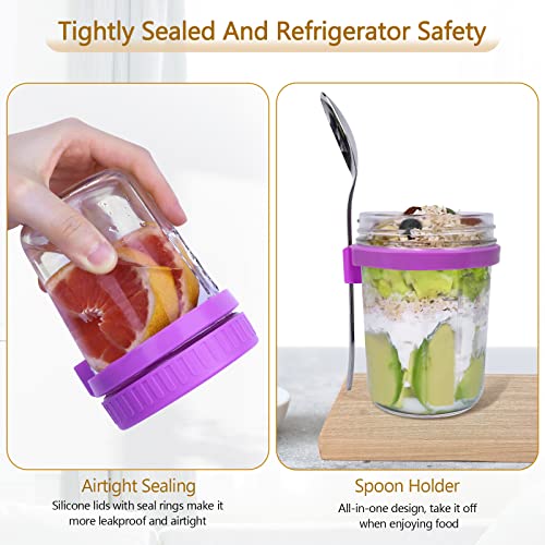 Creamhoo Overnight Oats Containers with Lids and Spoon, Thick Glass Overnight Oats Jars, 4 Pack Large Capacity Airtight Mason Jars for Cereal, Milk, Vegetable and fruit