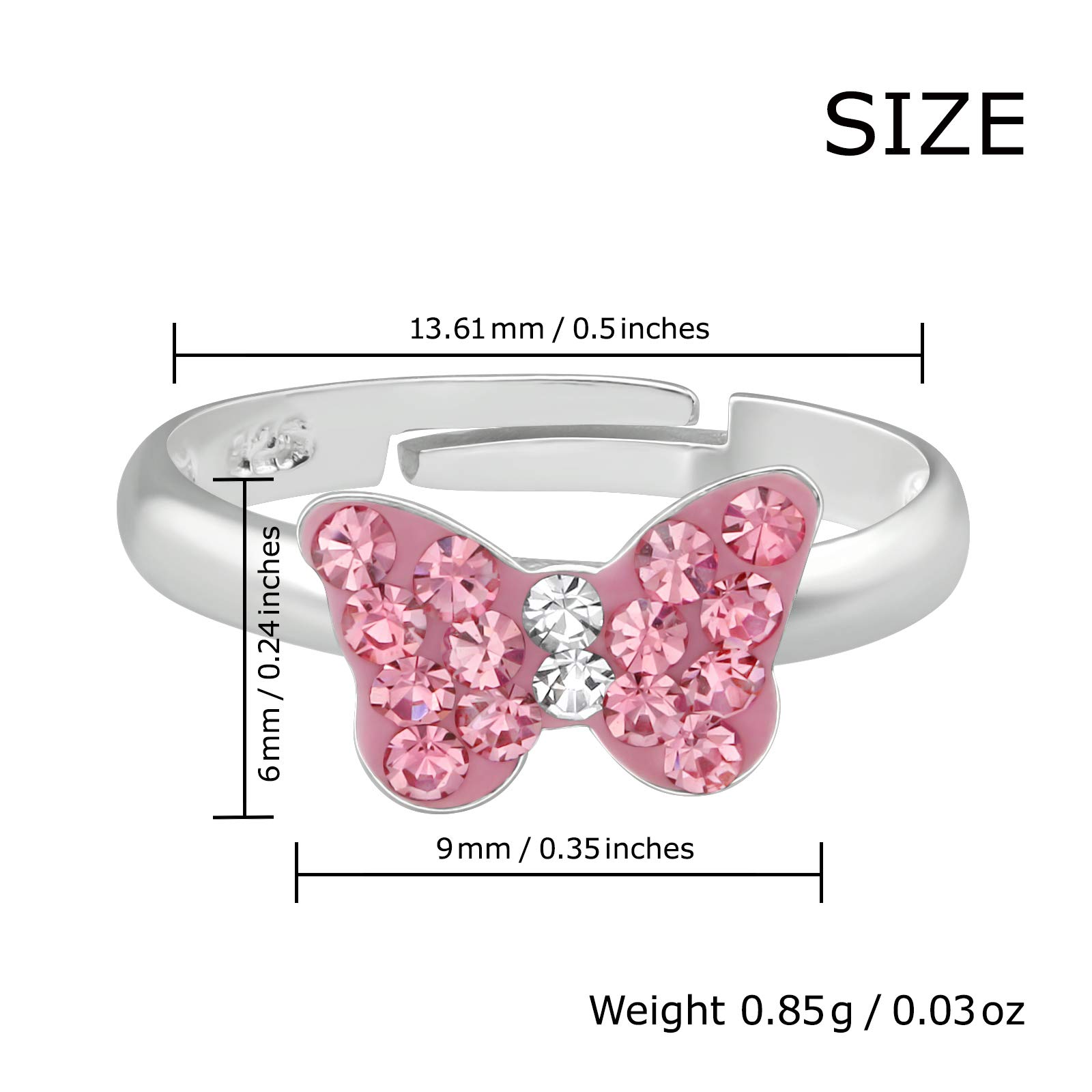 AUBE JEWELRY Hypoallergenic 925 Sterling Silver Crystal Butterfly Ring Adjustable Size for Children (Pink)