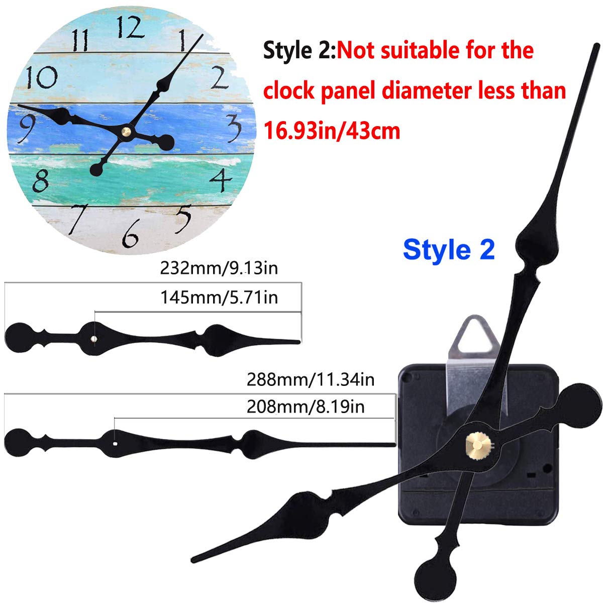 HILLHOME High Torque Long Shaft Hands Quartz DIY Wall Clock Movement Mechanism with 12 Inch Long Spade Hand Battery Operated Repair Parts Replacement, 3/10 in Max Dial Thickness, 9/10 in Total Length