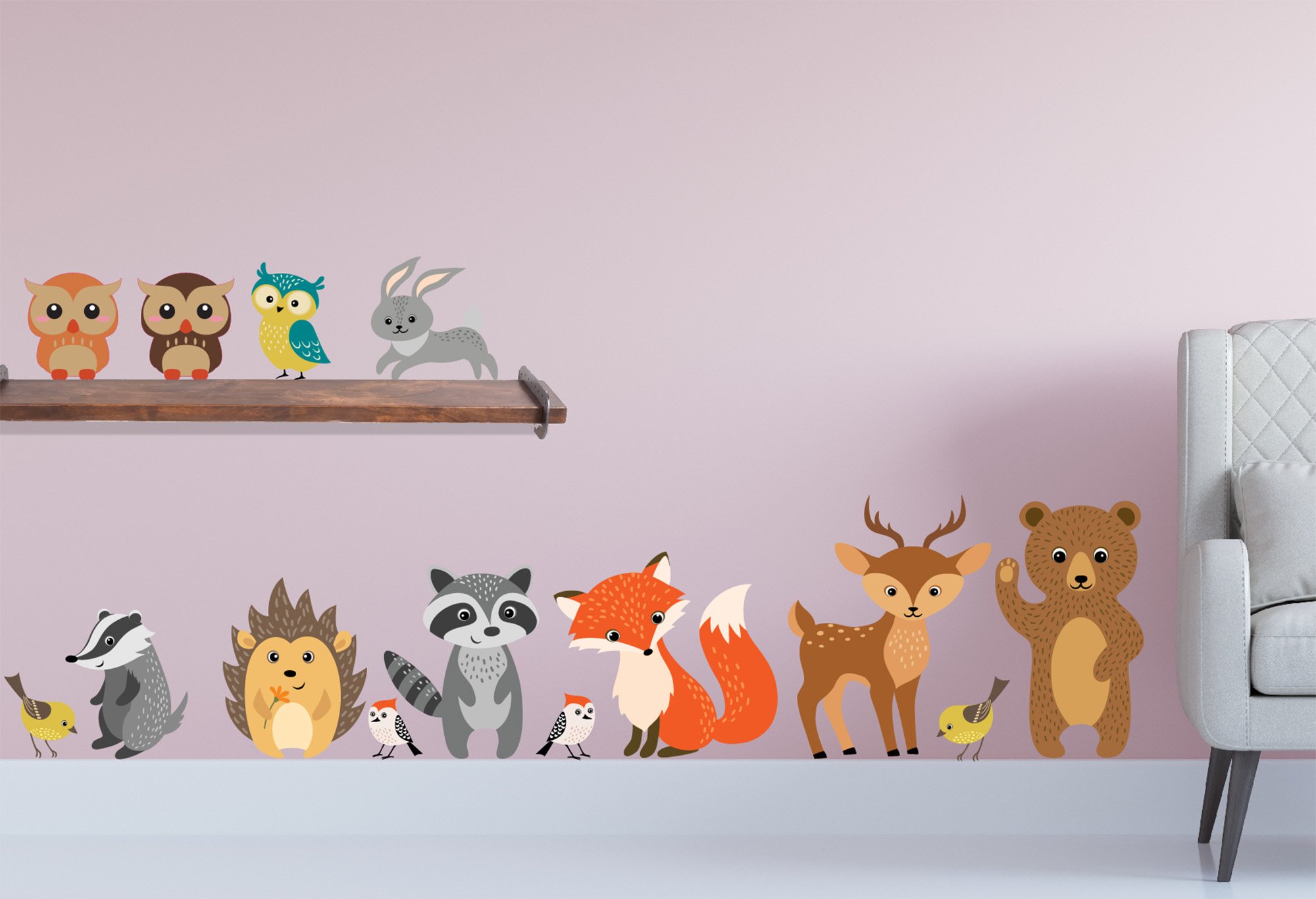 Innovative Stencils Forest Animals Wall Decals Peel and Stick Bear, Fox, Owl, Bunny, Racoon Birds Fabric Rusable Stickers Nursery Decor, Perfect Addition to Large Tree Decals, 14 Creature Included