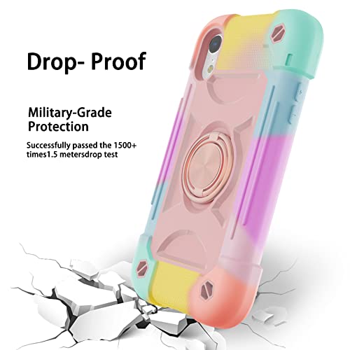 Cookiver for iPhone XR Case 6.1 Inch with Ring Stand, with 2 Pack Glass Screen Protector,Heavy-Duty Shockproof Rugged Military Grade Cover with Magnetic Car Mount for iPhone XR (Rainbow Pink)