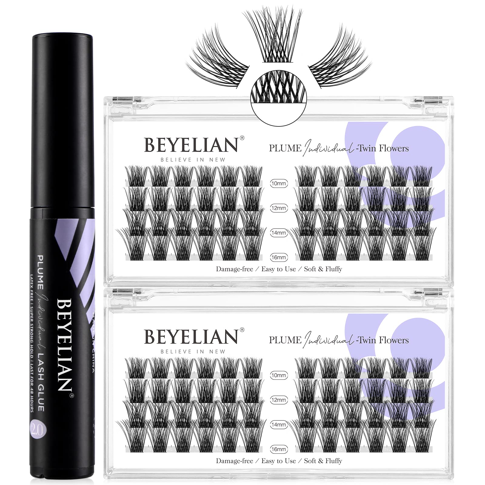 BEYELIAN 96 Lash Clusters and Cluster Lash Glue Kit, 10-16mm DIY Eyelash Extension Natural Look Reusable Bonded Black Super Thin Band (Style3 0.07 Mix Black Band)