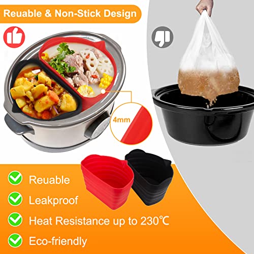 Slow Cooker Liners, Silicone Crock-Pot Liners Fit 6 QT Pot, Reusable/Leakproof/Silicone Divider Insert, Dishwasher Safe Liners for 6 Quart Oval Slow Cookers(Red+Black)