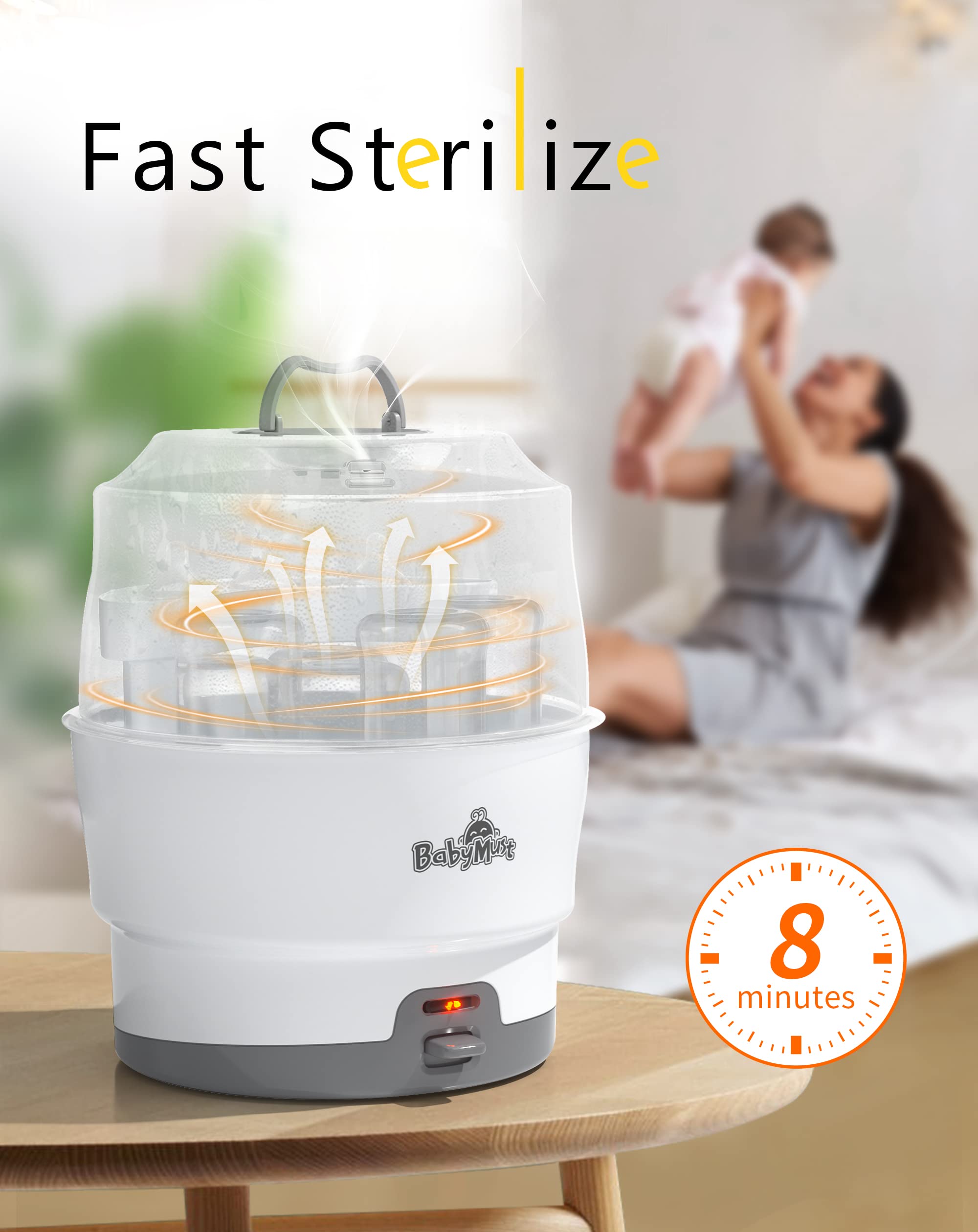 Baby Bottle Sterilizer, Electric Steam Bottle Sanitizer Clean Baby Supplys Like Pacifiers, Nipples, Teethers, Toys&Breast Pump Accessories with One Button Control, BPA-Free