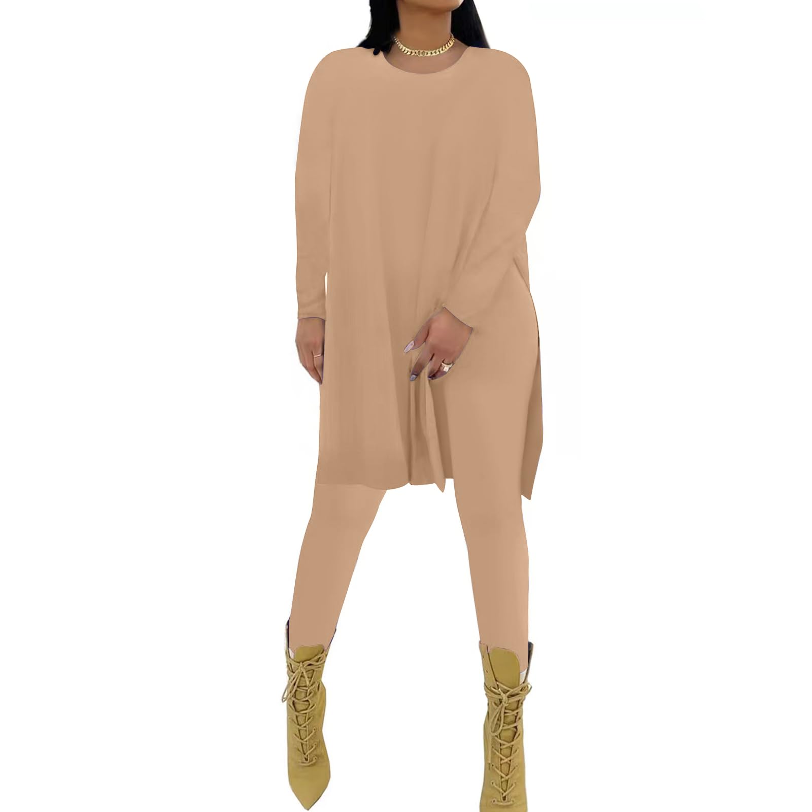 AXOSY Women Plus Size 2 Piece Outfits Sweatsuits O Neck Tunic Tops Skinny Pants Tracksuits Sets Brown,Small