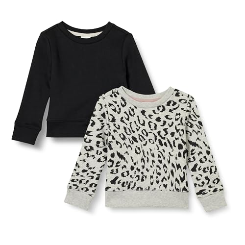 Amazon Essentials Girls' Fleece Crew-Neck Sweatshirts, Pack of 2, Black/Light Grey Heather Leopard, Medium