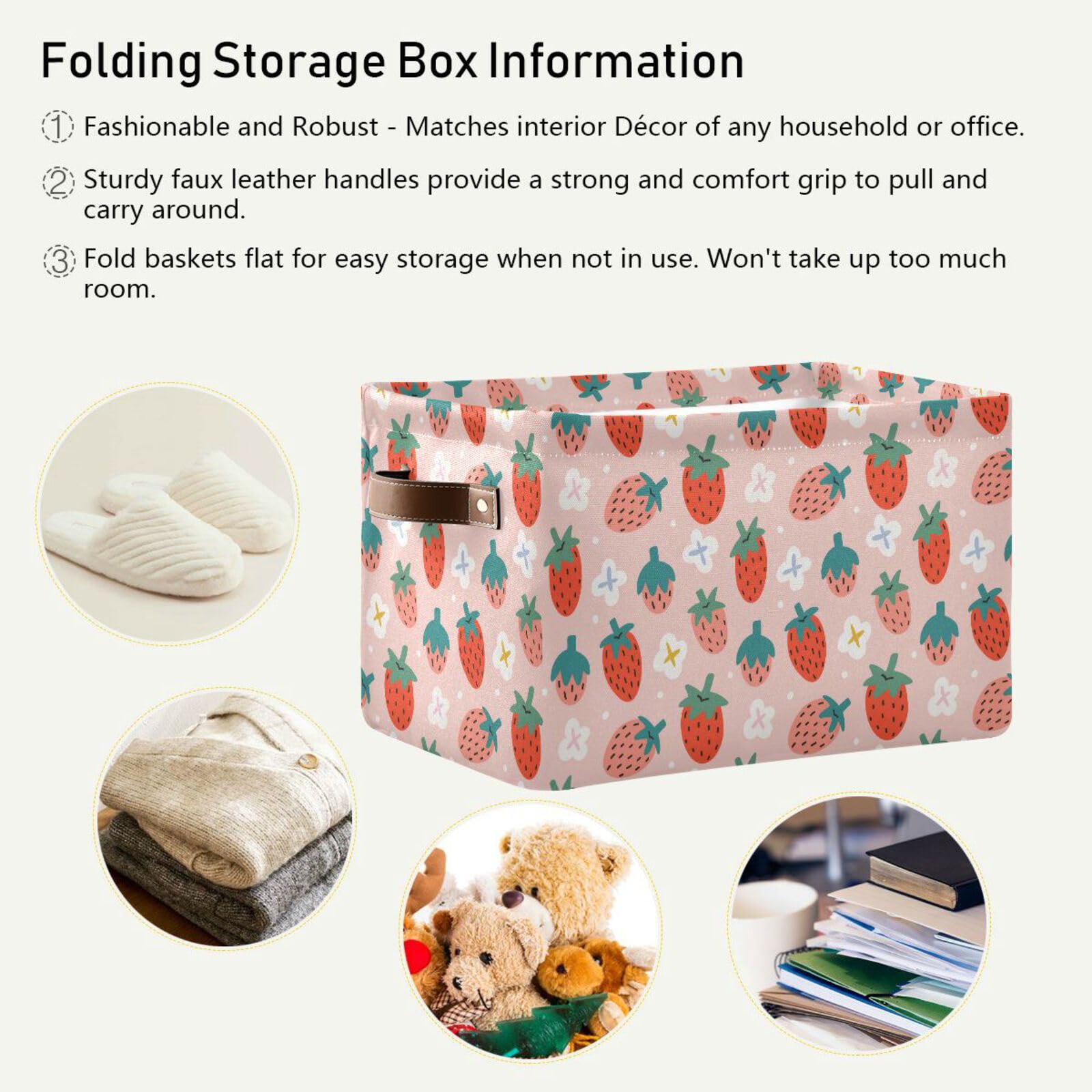 YETTASBIN Cute Strawberry Storage Basket 1pc, Large Collapsible Toys Clothes Organizer, Durable Canvas Storage Bin with Handle for Shelves Closet Laundry Home Office Decor