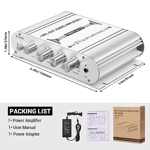 Facmogu ST-838 2.1CH Audio Power Amplifier, RMS 20Wx2+40W Class D Stereo Digital Audio Amp with Subwoofer Output, 80W Mini Subwoofer Amplifier Audio Stereo Bass Amp with DC12V Power Adapter - Silver