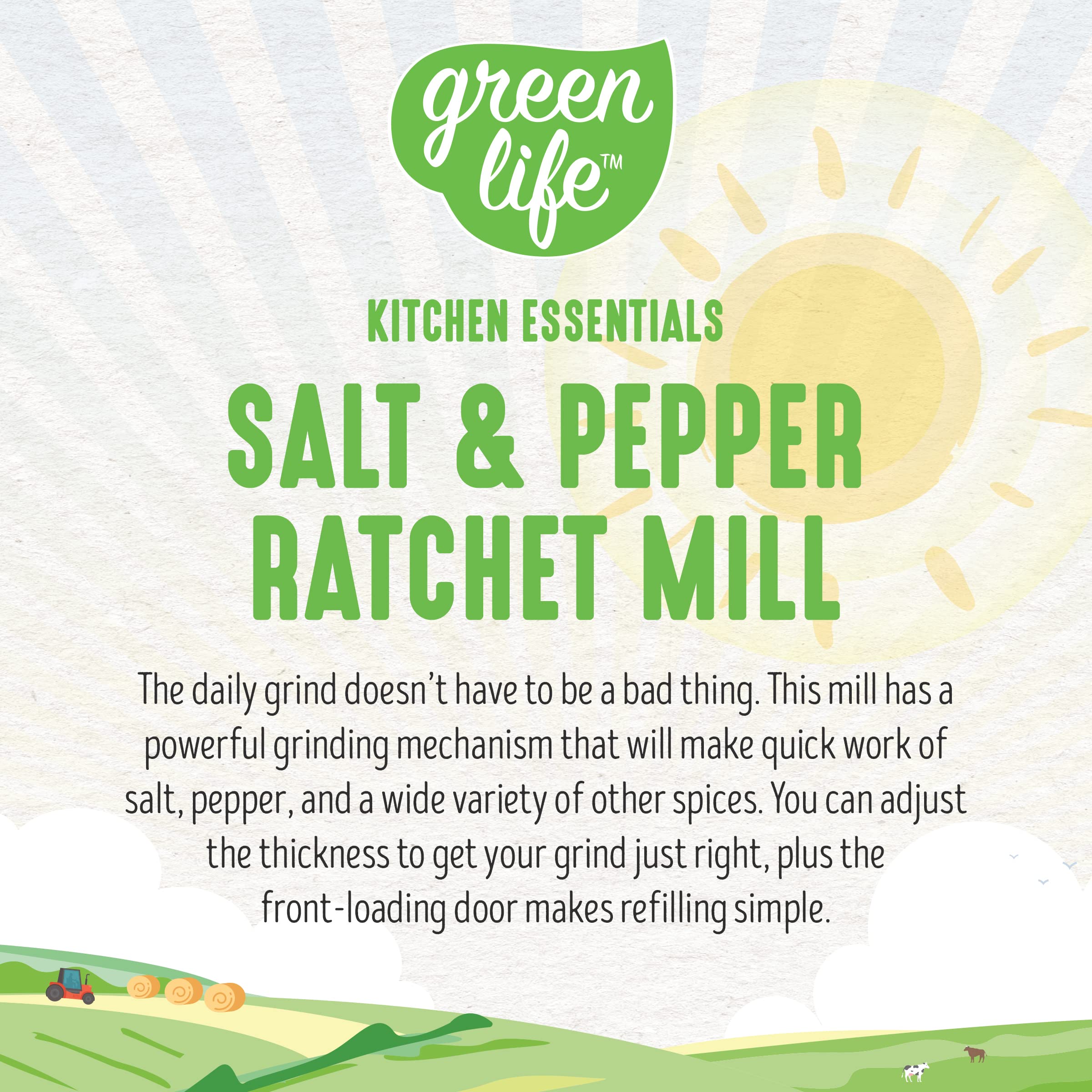GreenLife Salt and Pepper Grinder, Mess-Free Ratchet Mill, Adjustable Coarseness and Easily Refillable, Black 1/3 Cup Capacity